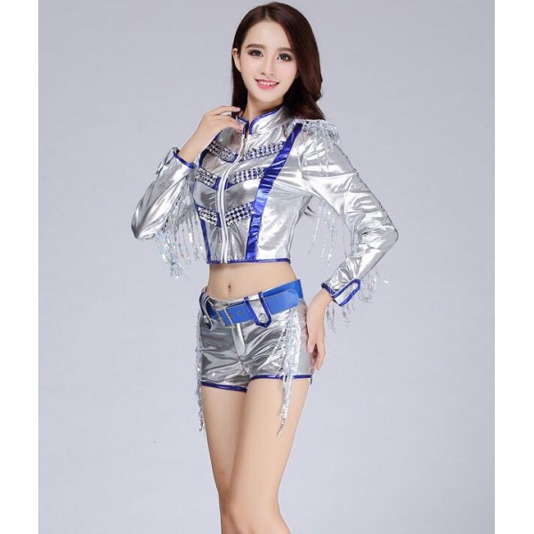 Silver royal blue women's Female jazz dance costume two pieces dance ...