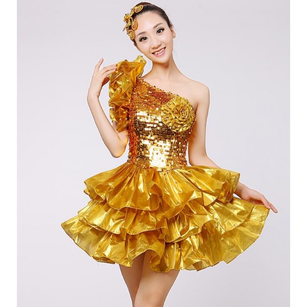 Gold yellow sequins paillette glitter modern dance women's girls ...