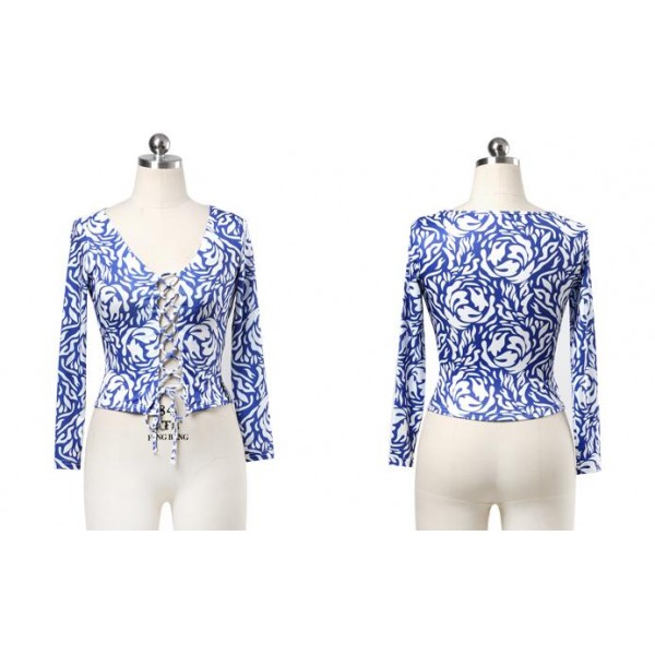 White and blue printed black long sleeves front lace women's ladies ...