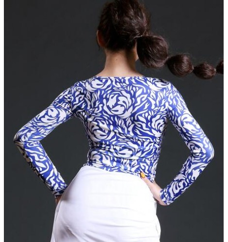 White and blue printed black long sleeves front lace women's ladies ...