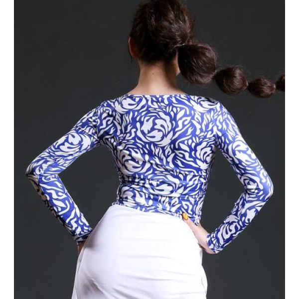White and blue printed black long sleeves front lace women's ladies ...