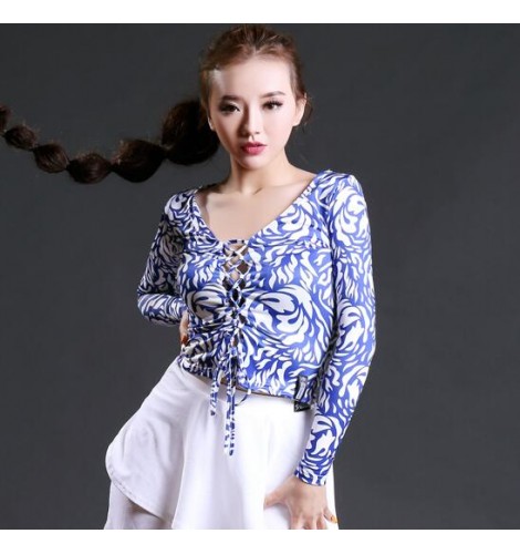 White and blue printed black long sleeves front lace women's ladies ...