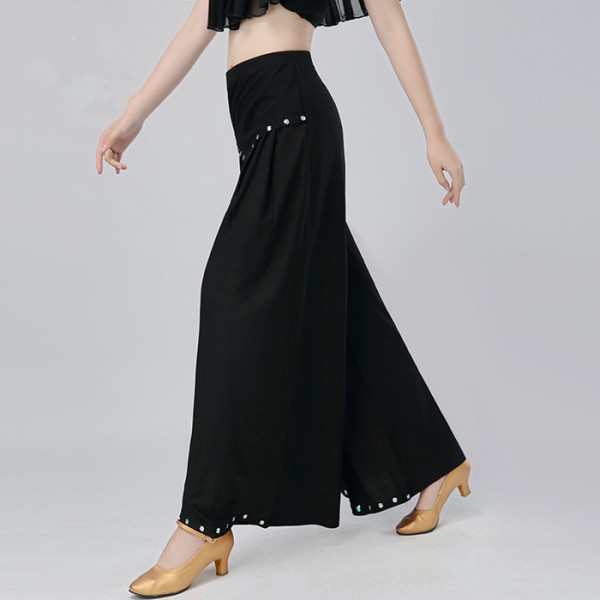 Black performance Latin Dance Pants rhinestones wide legs Square ...