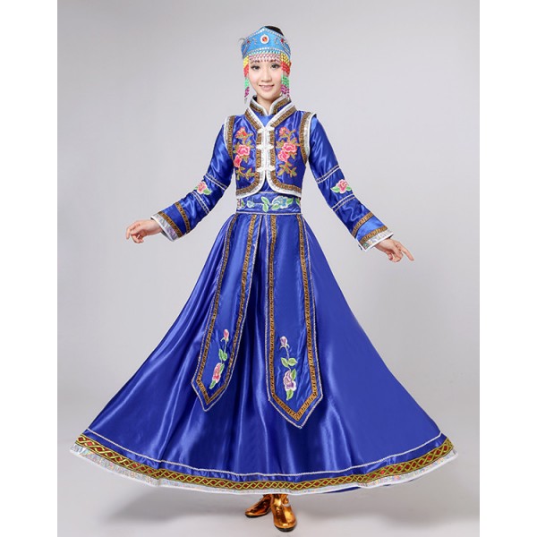 red royal blue Mongolia dress long sleeve Mongolian robe national dance ...