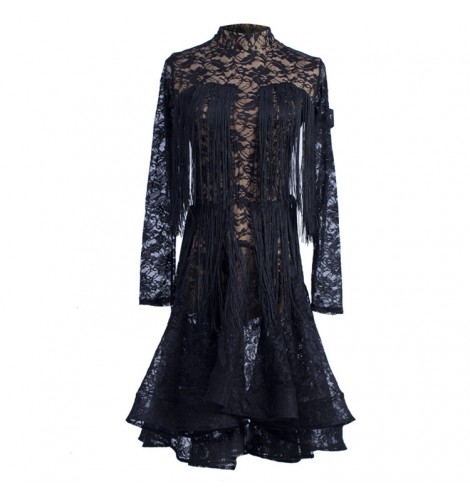 Black lace fringes tassels backless fashion women's female competition ...