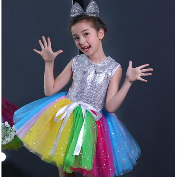 Girls modern dance singers dresses sequined silver dj jazz kids toddles ...