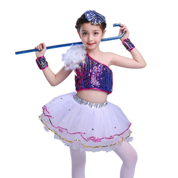 Girls jazz dance dress fuchsia blue paillette modern dance hiphop ...