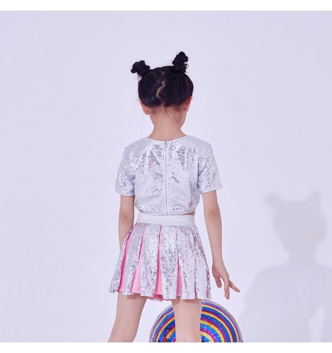 Kids jazz dance costumes silver girls cheerleaders performance sequined ...