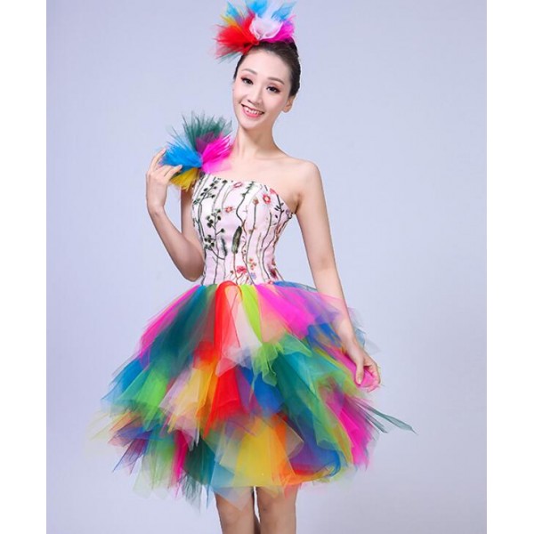 Women's modern dance dress rainbow colored stage performance ...