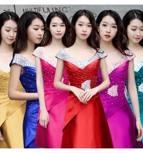 Royal blue rhinestones satin evening dresses cocktail celebration party ...