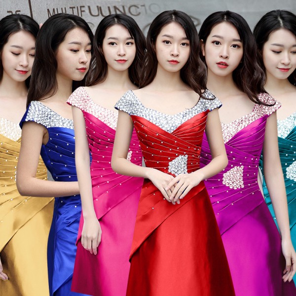 Royal blue rhinestones satin evening dresses cocktail celebration party ...