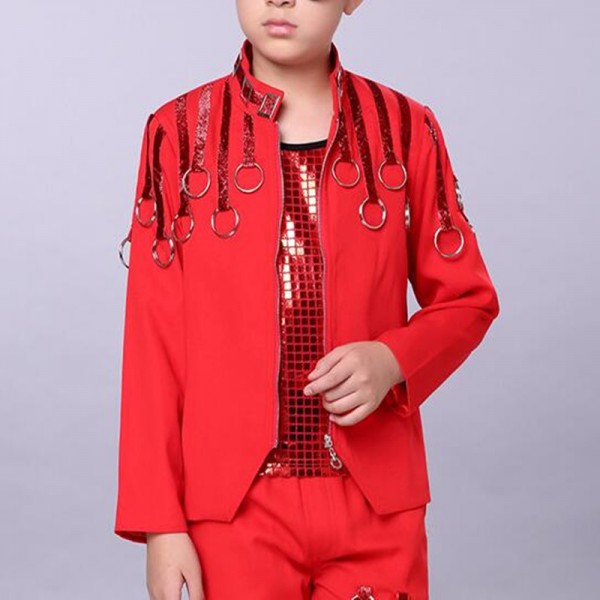 Boy red colored jazz dance costumes hiphop street dance outfits gogo ...