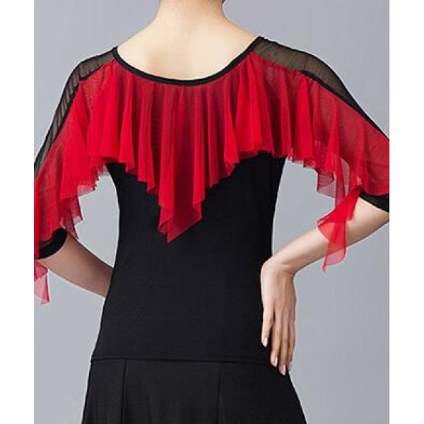 Women's ballroom dance tops red yellow ruffles neck stage performance ...
