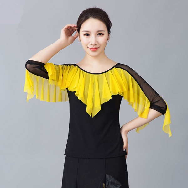 Women's ballroom dance tops red yellow ruffles neck stage performance ...