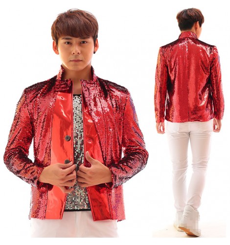 Men's jazz dance jackets for male red paillette singers hiphop gogo ...