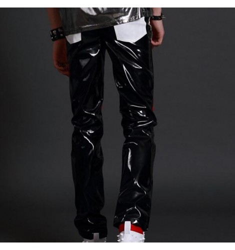 Men's jazz modern dance pants patchwork singers leather punk rock pole ...