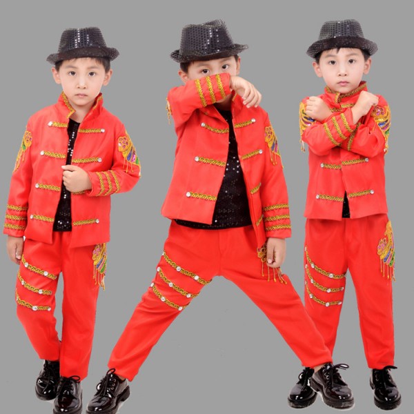 Boy modern jazz dance costumes red colored with gold street singers ...