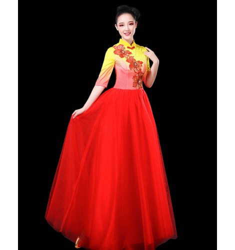 Women's modern dance chorus singers dresses fairy pink red yellow blue ...