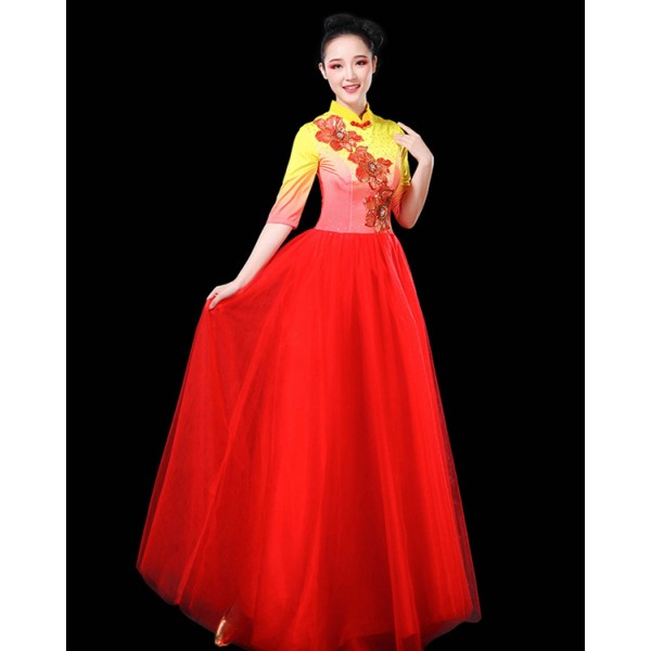 Women's modern dance chorus singers dresses fairy pink red yellow blue ...