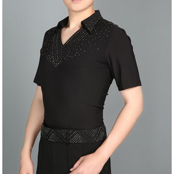 Men's latin dance shirts black short sleeves chacha rumba samba ...
