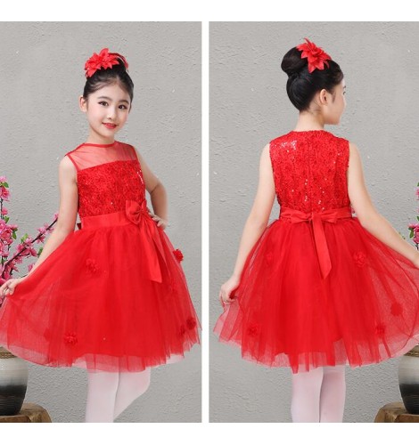 Girls kids princess modern dance dress kids children rose flower girls ...