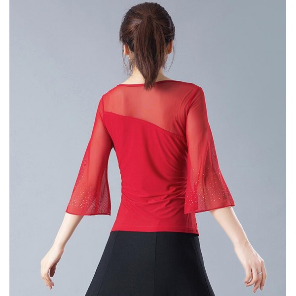 Women's competition ballroom latin dance tops rhinestones female stage ...