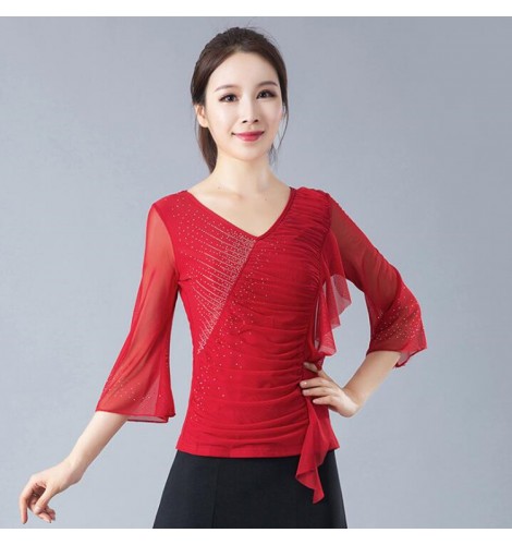 Women's competition ballroom latin dance tops rhinestones female stage ...