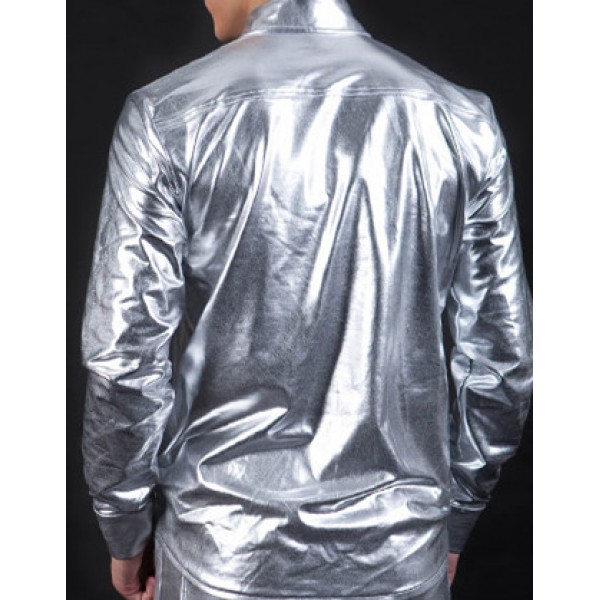 Men's jazz dance silver shirts stage performance male patent leather ...