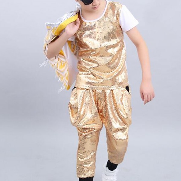 Boy gold sequin jazz dance costumes modern dance street hiphop rap host ...