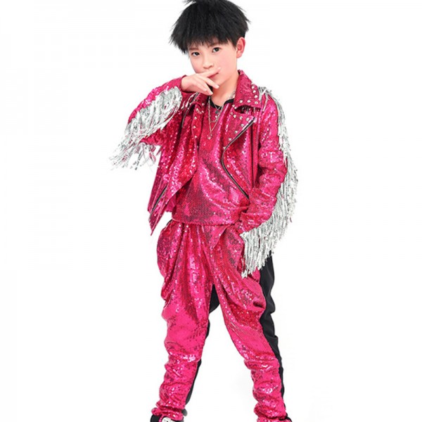 Boy hot pink sequin jazz dance outfits kids singers street hiphop dance ...