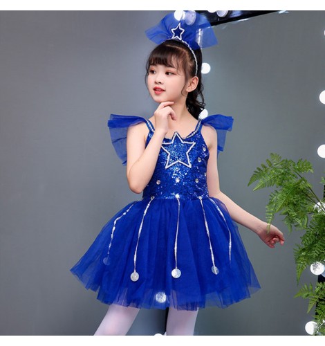 Children's royal blue jazz dance costumes performance costume star ...