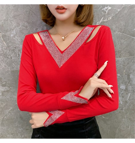 Women's black red rhinestone ballroom dance tops long sleeves v neck ...