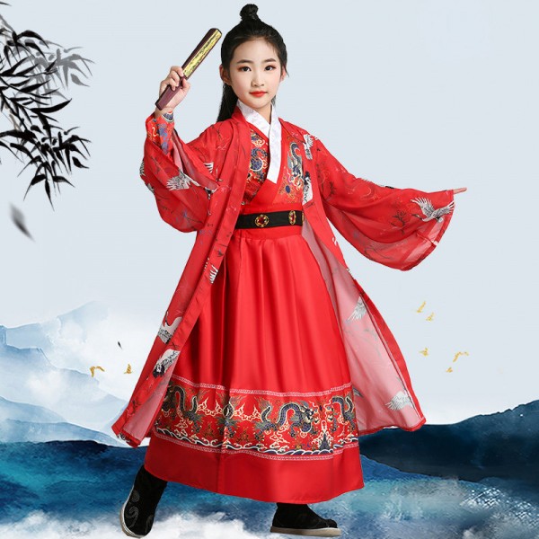 Children's chinese hanfu Boy girls Chinese style black red dragon robes ...