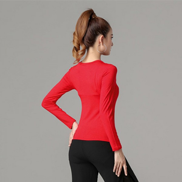 Women's black red latin ballroom dance tops salsa rumba chacha long ...