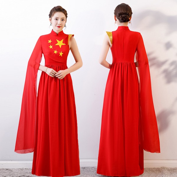 Chinese style chorus performance dress long dress red song competition ...