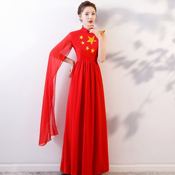 Chinese style chorus performance dress long dress red song competition ...