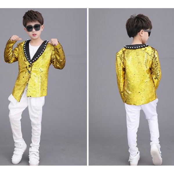 Boy gold sequined Drum set jazz dance costume Boy stage model catwalk ...
