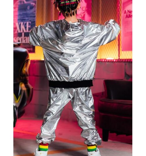 Children boy hip-hop street rapper dance costumes Boys silver glitter ...
