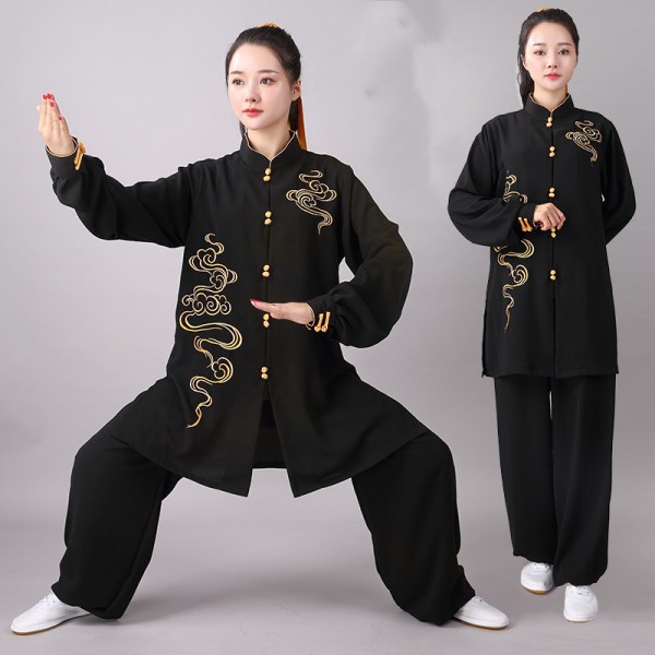 Black Tai Chi clothing chinese kungfu suit Embroidered mid-length ...