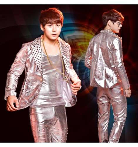 Men's youth silver pu leather rivet jazz dance costumes Bar nightclub ...