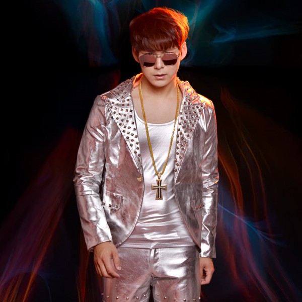 Men's youth silver pu leather rivet jazz dance costumes Bar nightclub ...