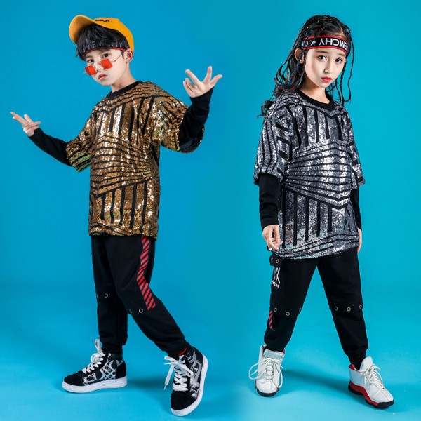 Children boy girls gold silver sequined with black hip-hop drum street ...