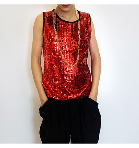 Silver gold red rainbow Sequined jazz dance vest for men nightclub ...