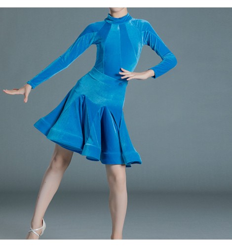 Children Girls turquoise royal blue green velvet latin dance dresses ...