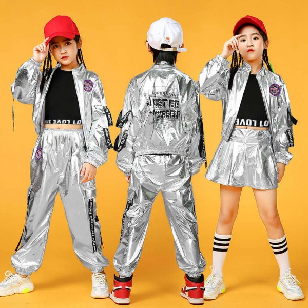 Children boys girls silver glitter jazz dance costumes Street hiphop ...