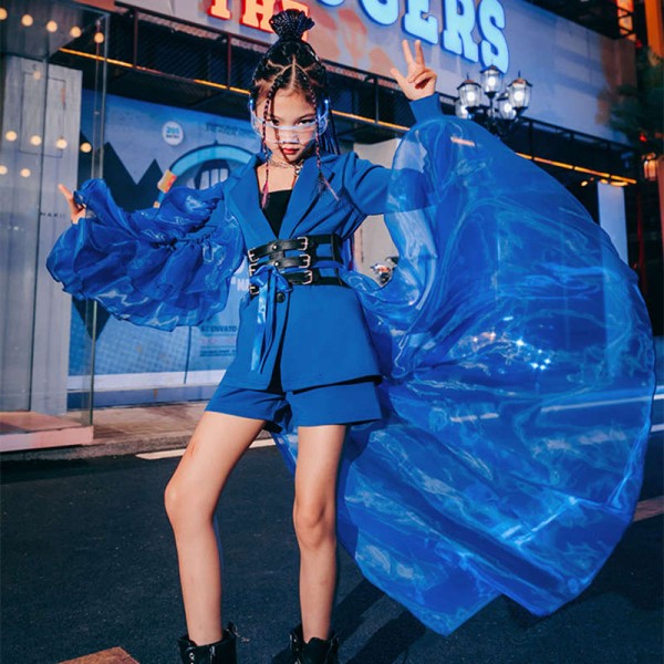 Girls Royal blue color models catwalk jazz hiphop street dance costumes ...