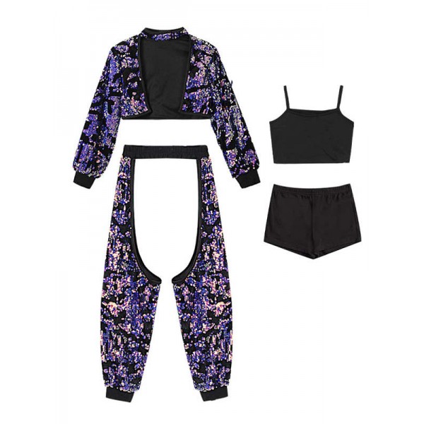 Girls Purple sequined modern jazz dance costumes hip-hop street rapper ...
