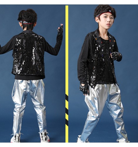 Boys kids toddlers black with silver Sequins hiphop street jazz dance ...