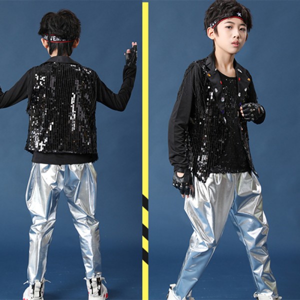 Boys kids toddlers black with silver Sequins hiphop street jazz dance ...