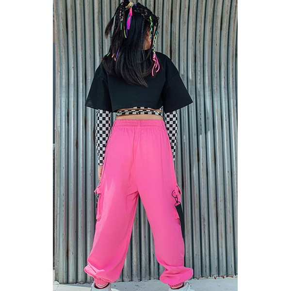 Children Girls pink white plaid hiphop street jazz dance cosutmes rap ...